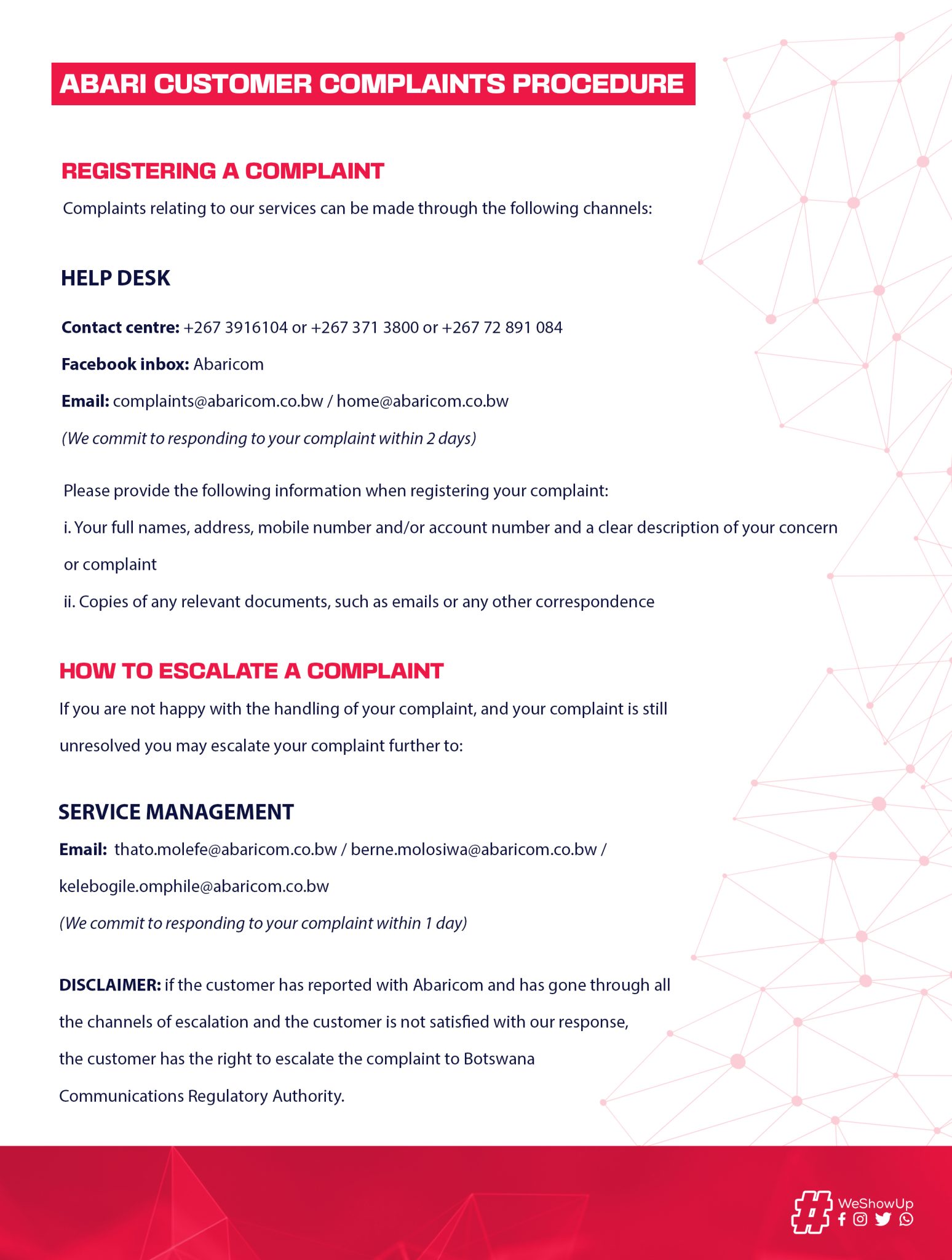 Complaints Procedure – AbariCom – Internet – Wireless – Fibre