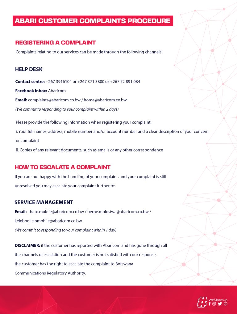 Complaints Procedure – AbariCom – Internet – Wireless – Fibre